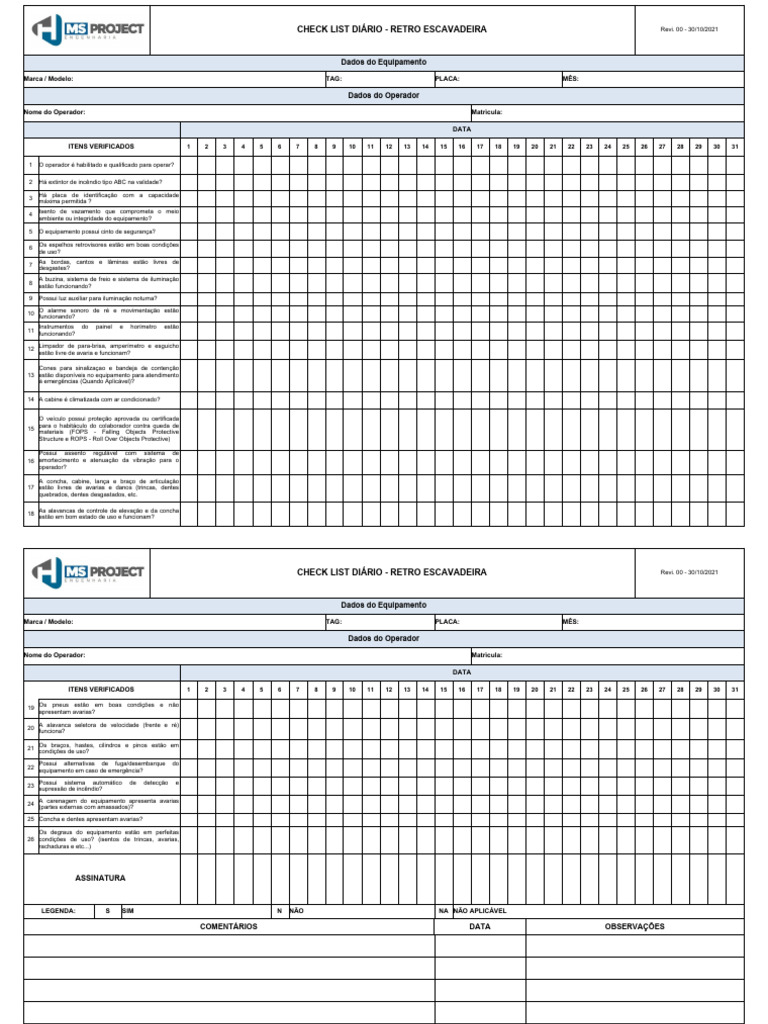 01 - CHECK LIST - Retro Escavadeira | PDF | Tecnologia e Engenharia