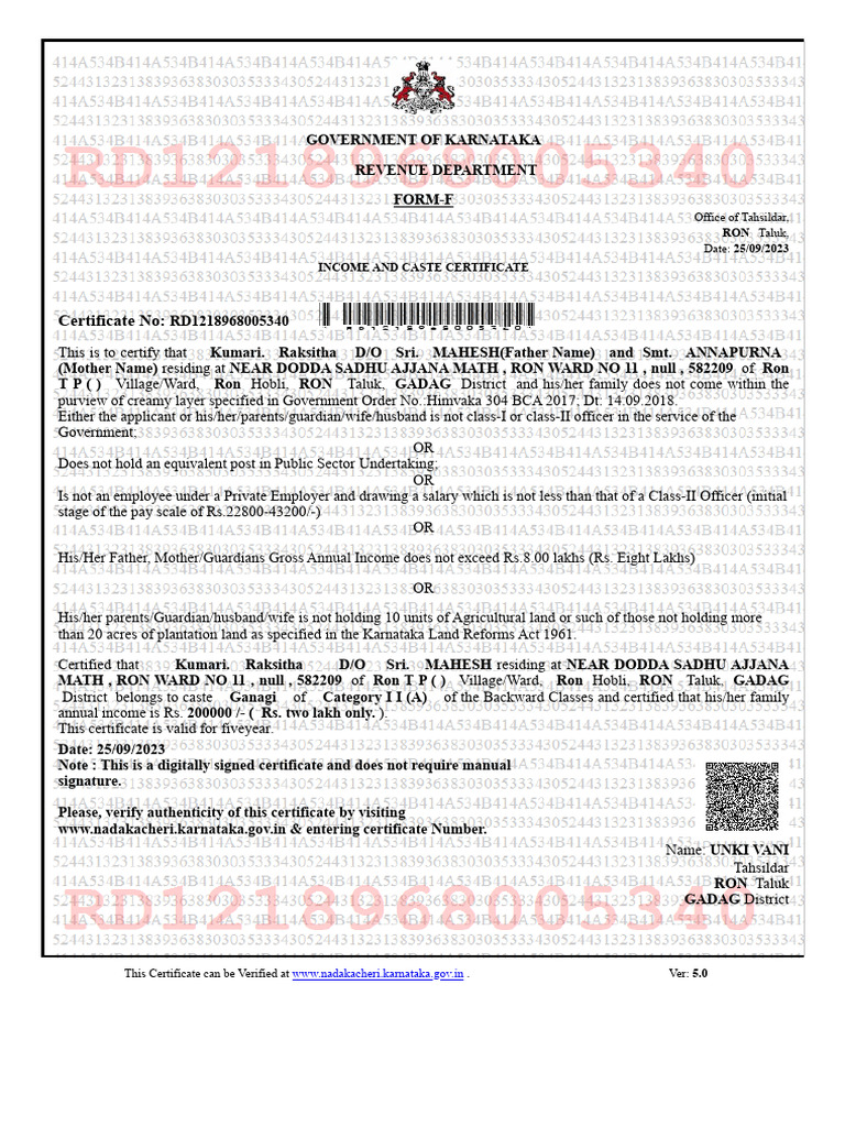 Certificate No:: Office of Tahsildar, Date: 25/09/2023 | PDF ...