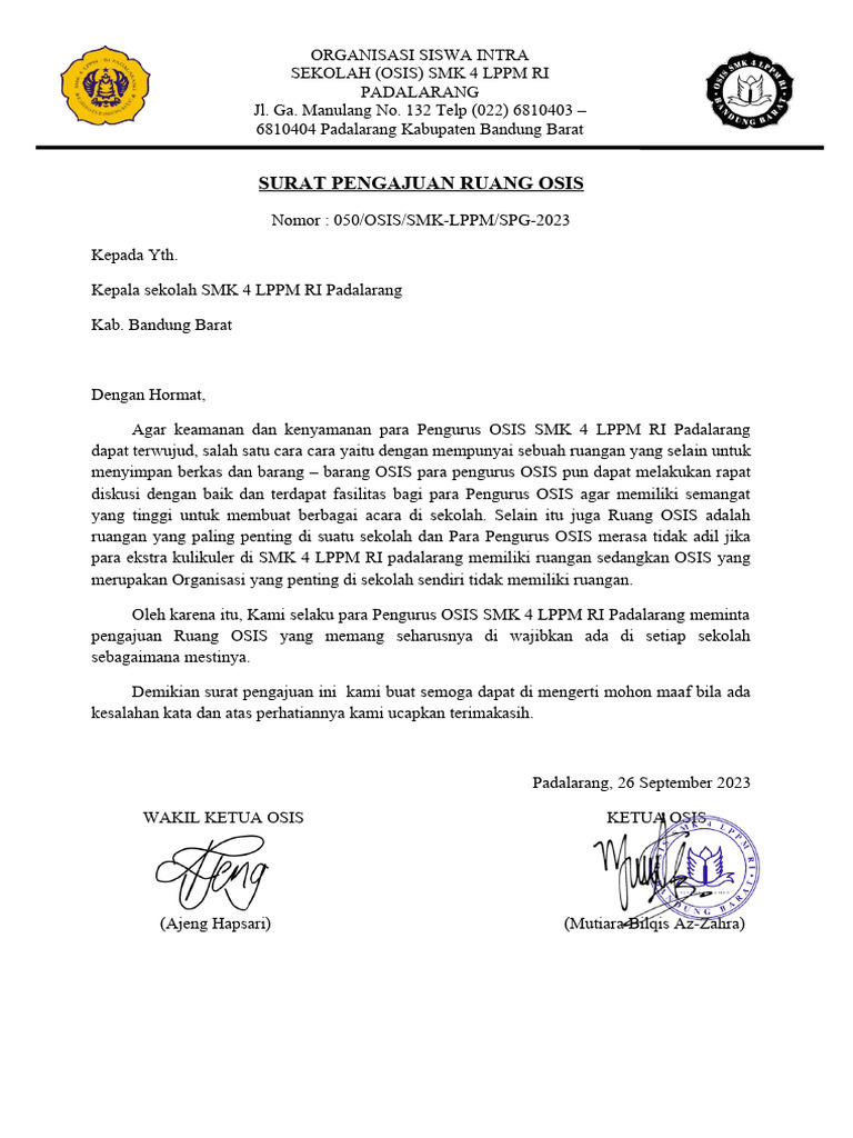 Surat Pengajuan Ruang Osis | PDF