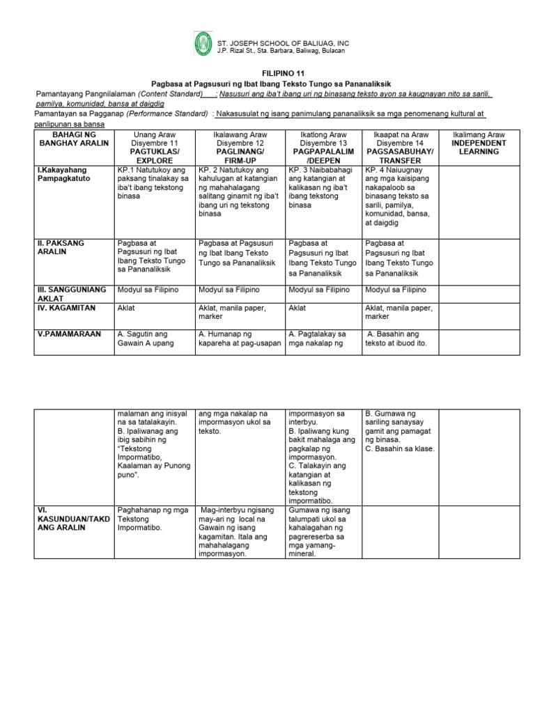 DLL Filipino 11 PAgbasa | PDF