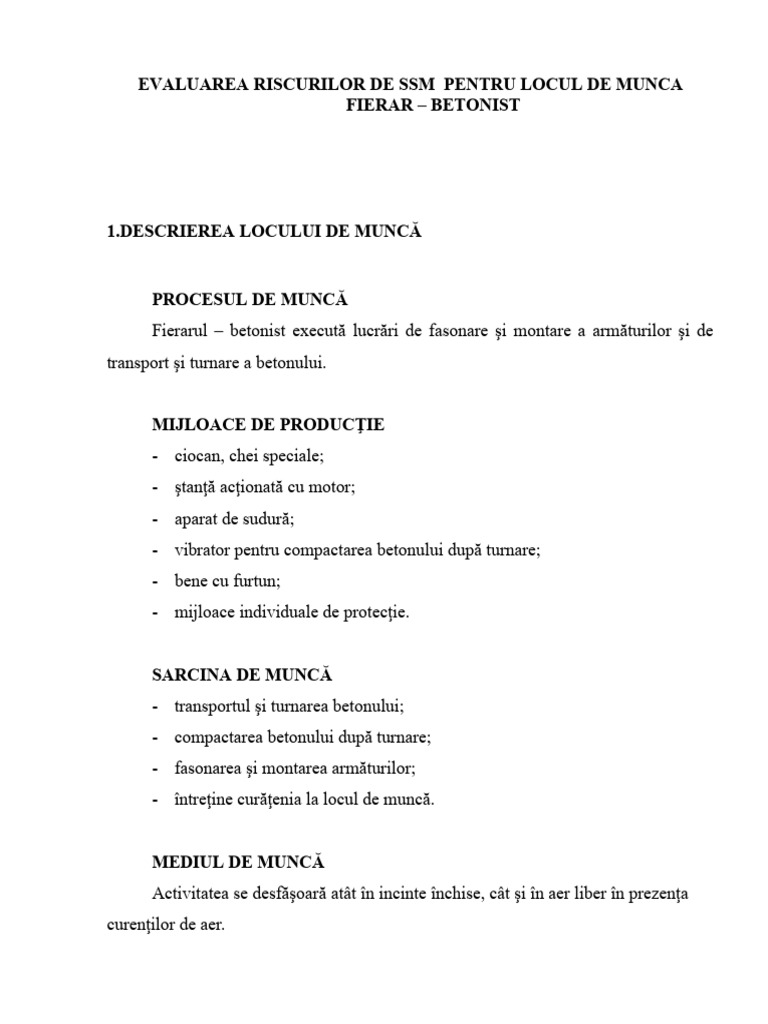 Evaluare risc SSM pentru fierar-betonist | PDF