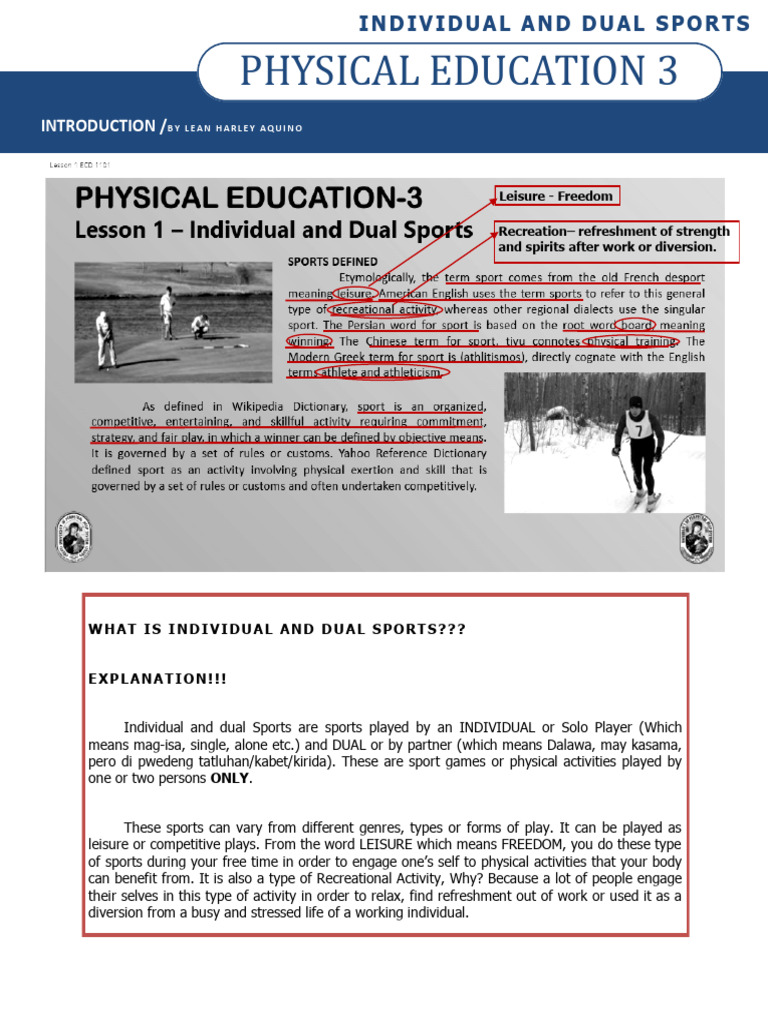 Individual and Dual Sports Lesson 1 | PDF