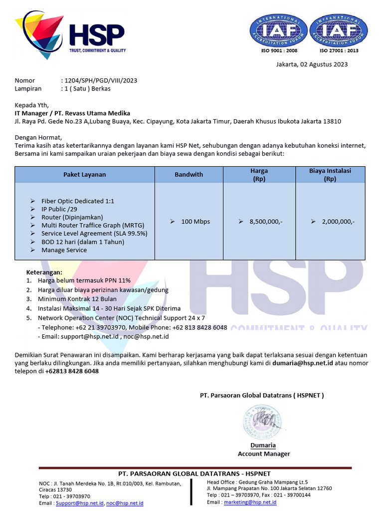 1204 - Quotation HSPnet - PT. Revass Utama Medika (Revisi) | PDF | Komputer