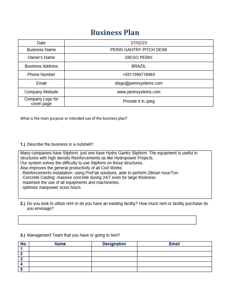 Business Plan for Perin Gantry Pitch Desk | PDF | Cost | Business