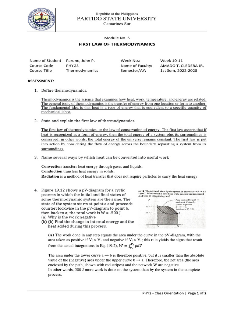 Parone John - PHYG3-Module 5 First Law of Thermodynamics | PDF