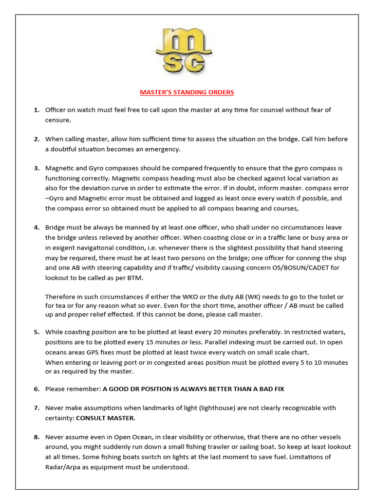 Masters Standing Orders - MSC Renee | PDF | Compass | Anchor