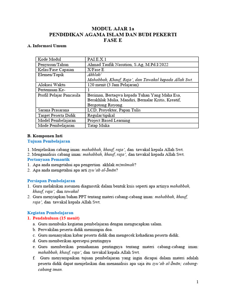 Modul Ajar Pai Sma Kelas X Bab 7 | PDF