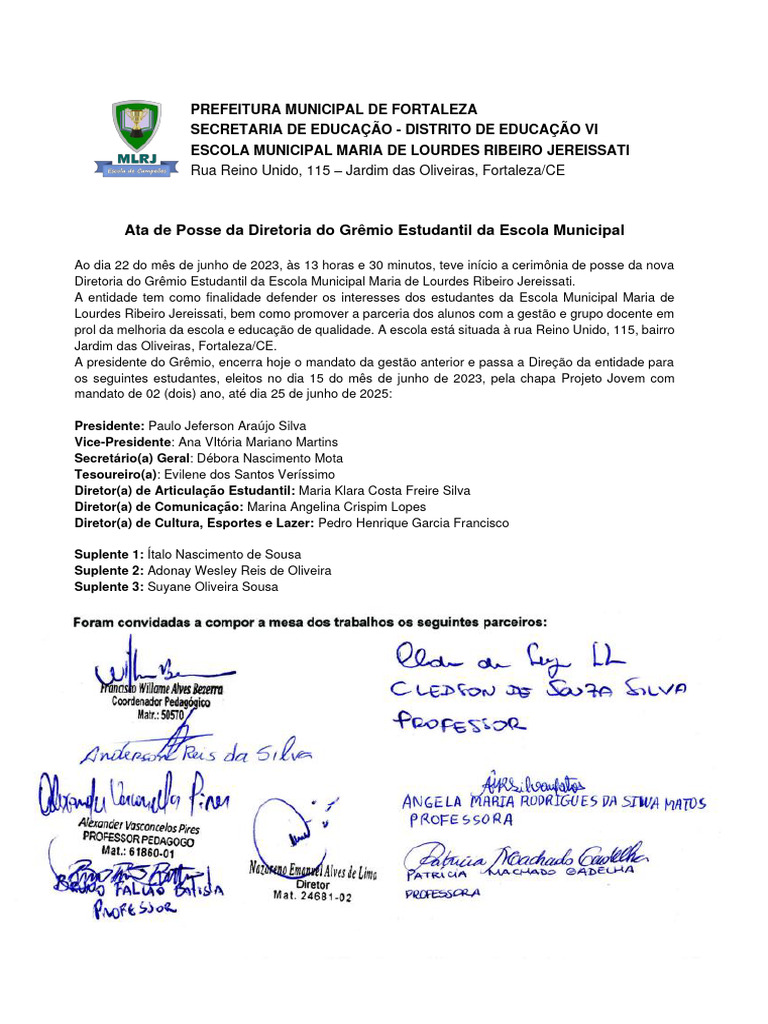 Ata Posse Da Diretoria Do Grêmio Estudantil Da Escola Municipal | PDF