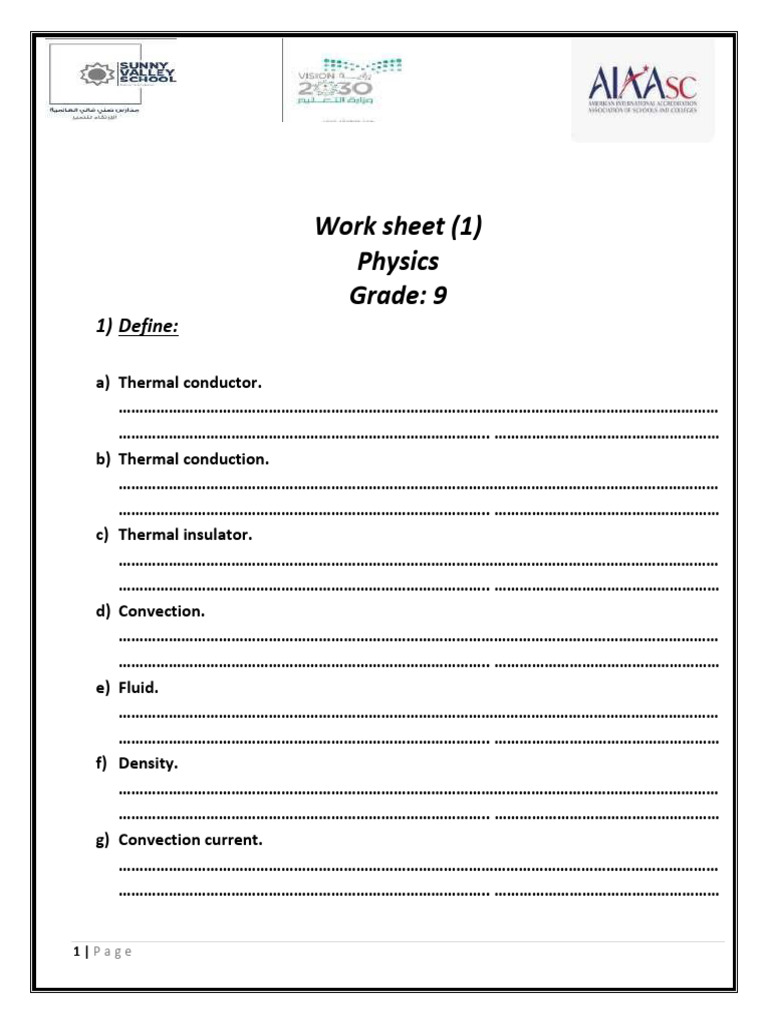 Work Sheet - Physics - Grade 9 | PDF | Thermal Conduction | Gases