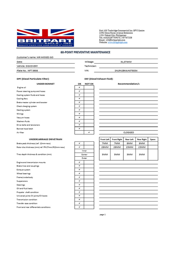 60 Point Preventive Maintenance Service | PDF | Brake | Transport