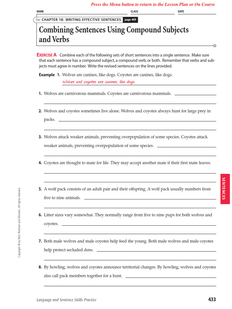 Combining Sentences With Compound Subjects and Verbs | PDF | Coyote ...