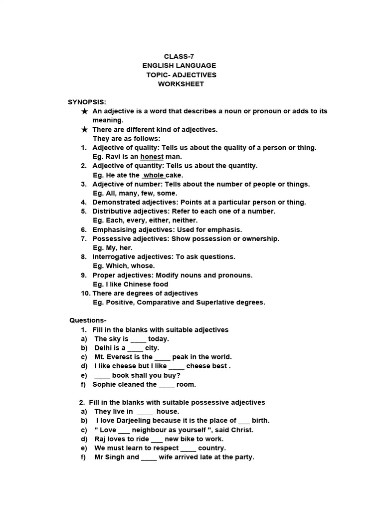 Class 7 English Language Topic Adjectives Worksheet | PDF | Adjective ...