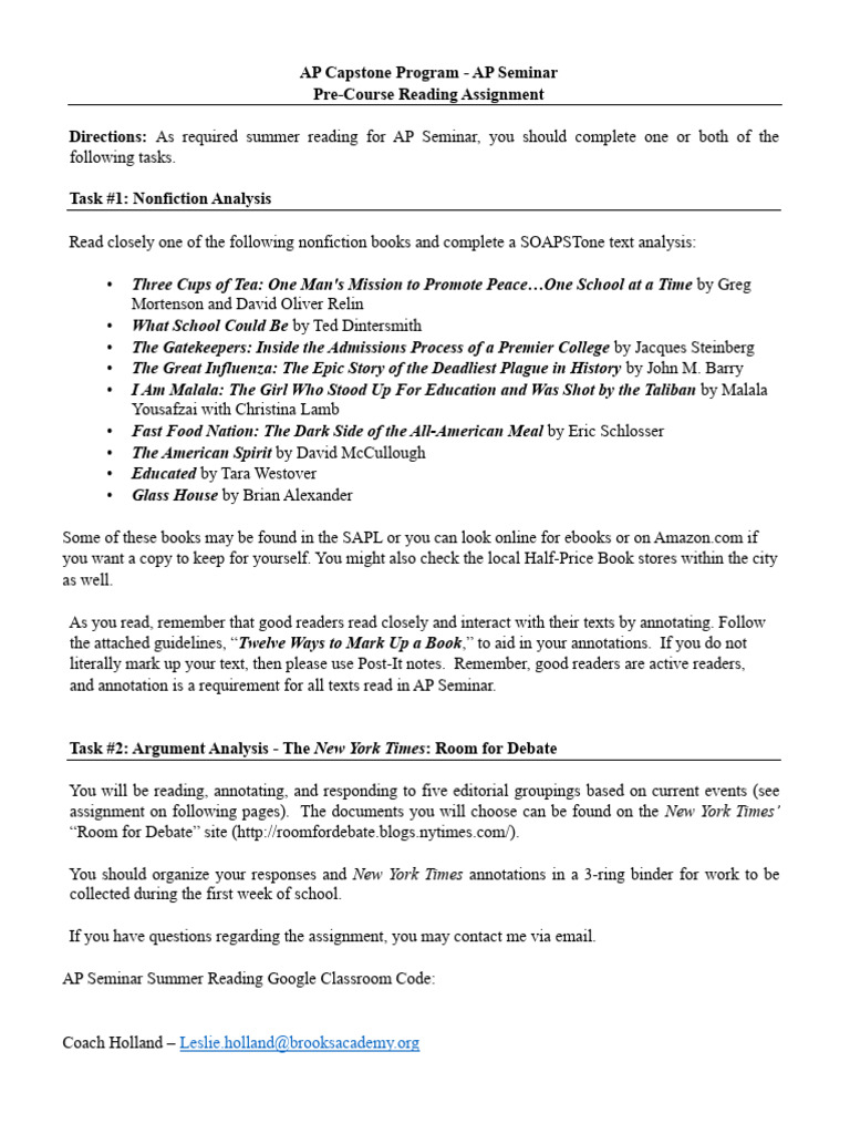 AP Seminar Summer Reading Assignments 2023-2024 School Year | PDF