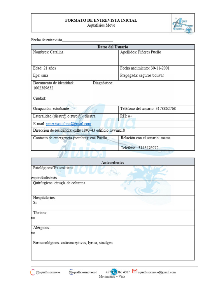 2023 Formato de Entrevista Inicial-Catalina Piñeres | PDF