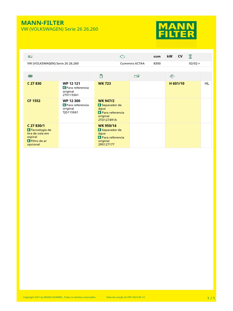 Catalago Filtros VW 26260 | PDF