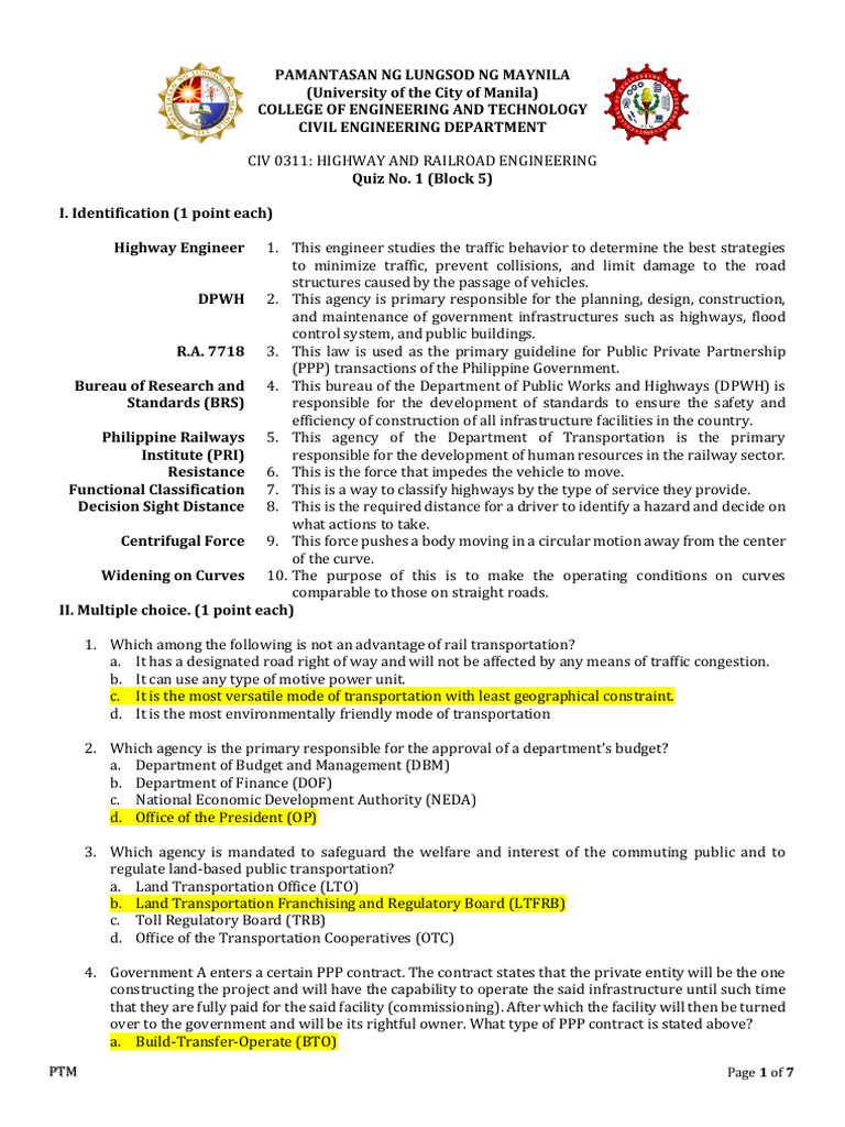 Quiz No. 1-Block 5 - Solution | PDF | Road | Rail Transport