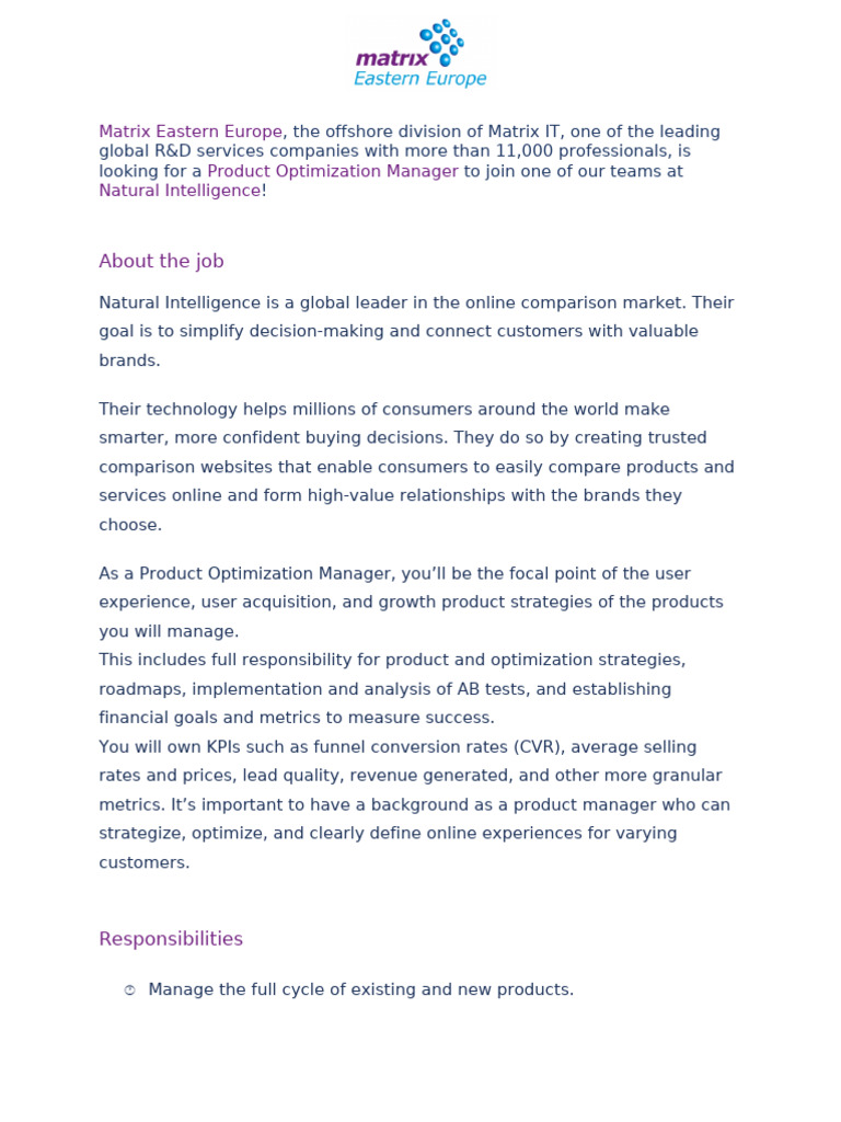Product Optimization Manager @natural Intelligence | PDF | Expert | Brand