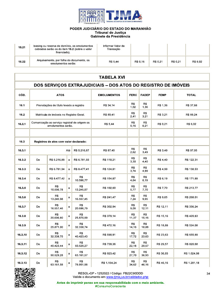 Tabela de Emolumentos do Estado do Maranhão 2023 | PDF