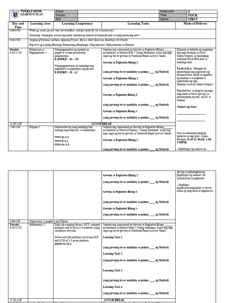 Grade 5 WHLP Q1 Week 4 | PDF