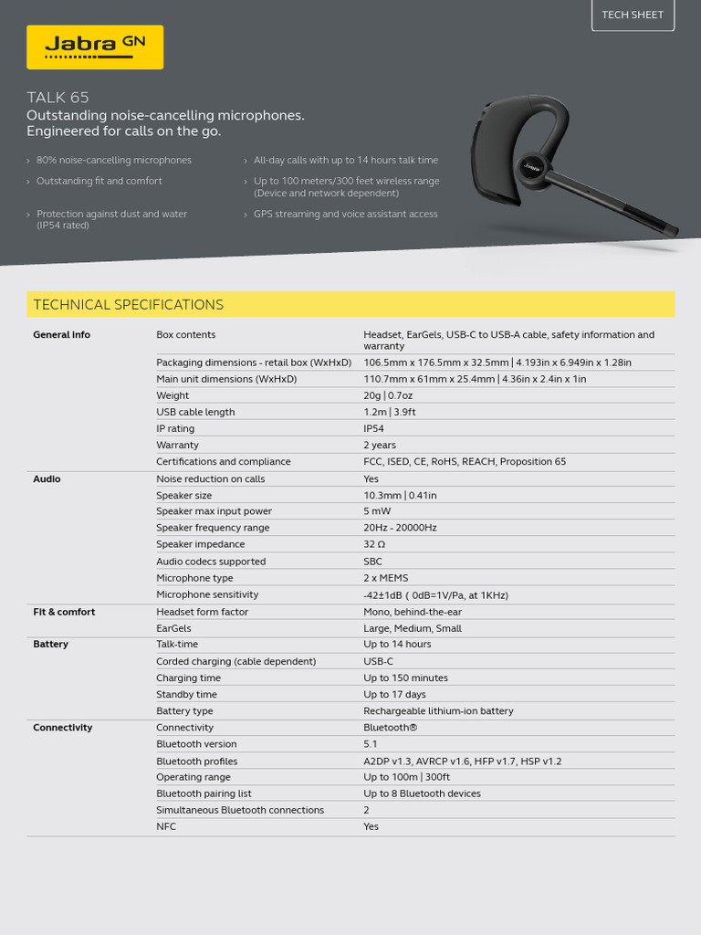 Jabra Talk 65 Tech Sheet EN | PDF | Bluetooth | Microphone