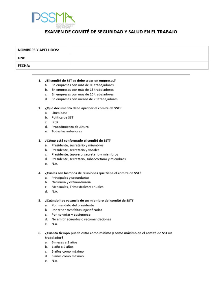 Examen de Cómite de SST | PDF | Gobierno