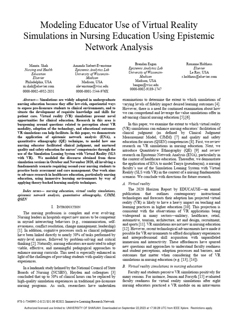 Modeling Educator Use of Virtual Reality Simulations in Nursing Education Using Epistemic ...