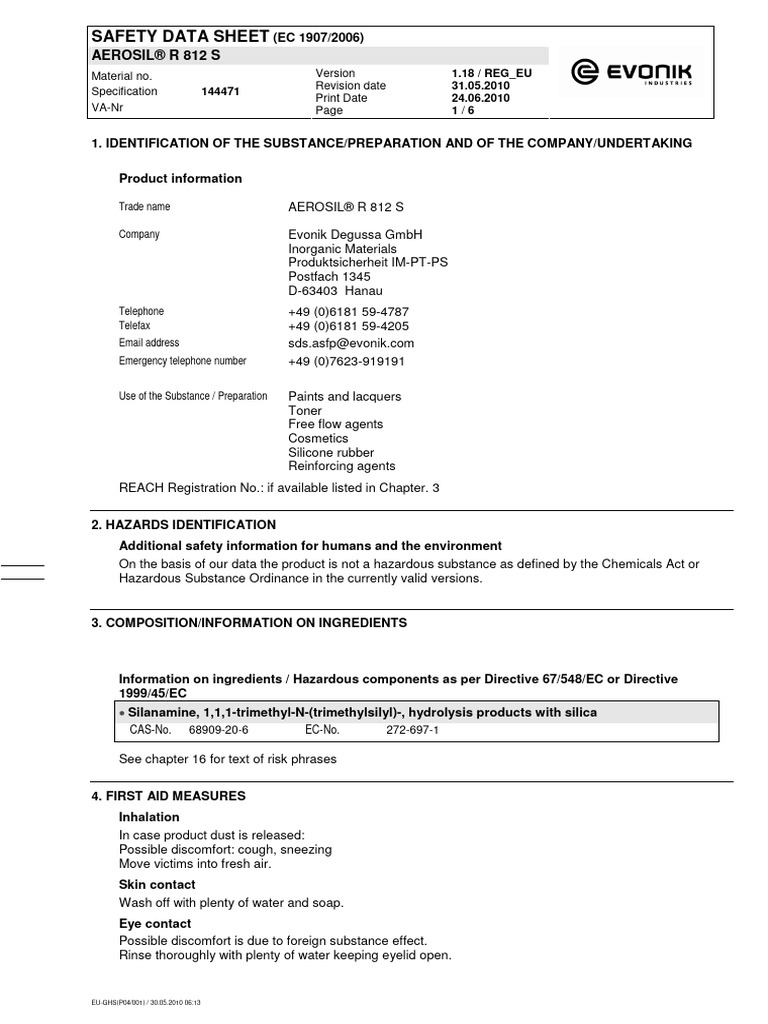 Aerosil R812 S Pdf Safety Occupational Safety And Health