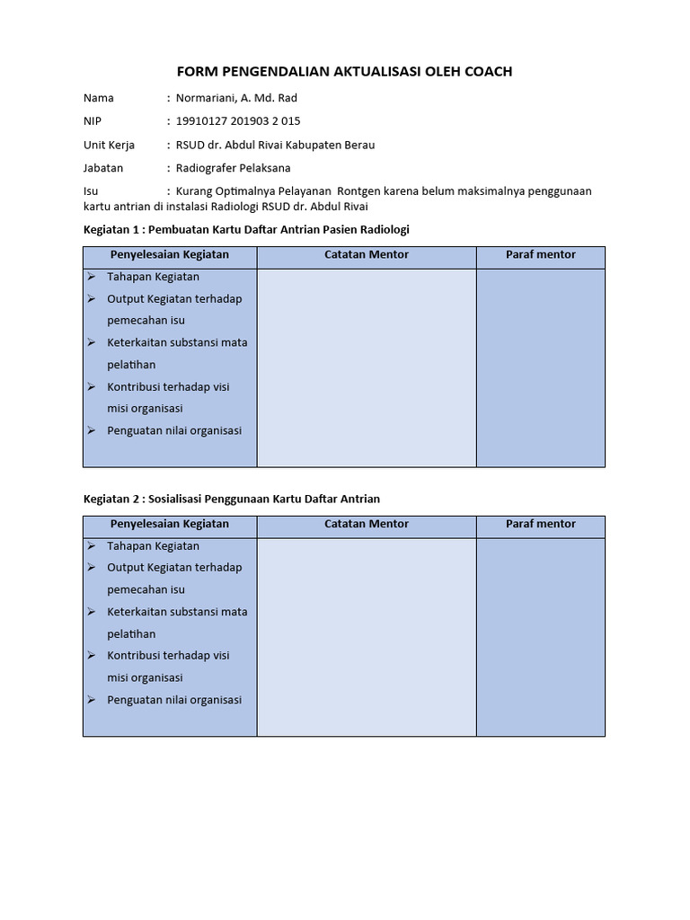Form Pengendalian Aktualisasi Oleh Coach | PDF
