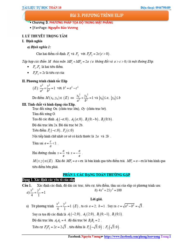 Bài 3. Phương Trình Elip-Đáp Án | PDF