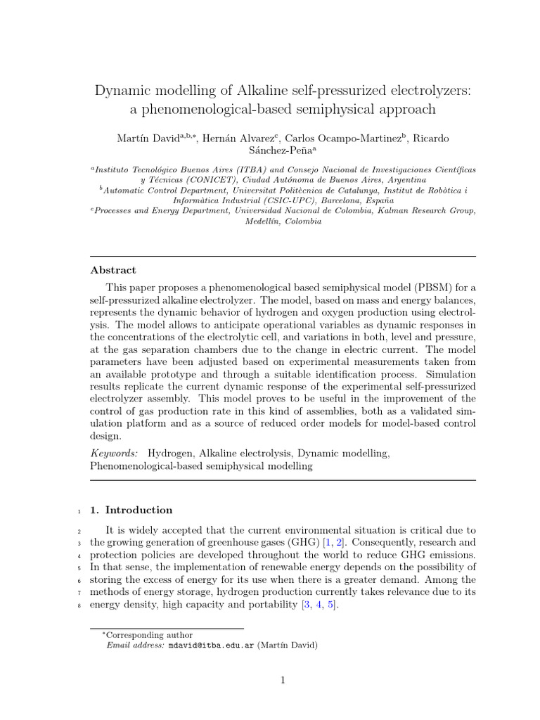 2354 Dynamic Modelling of Alkaline Self Pressurized Electrolyzers | PDF