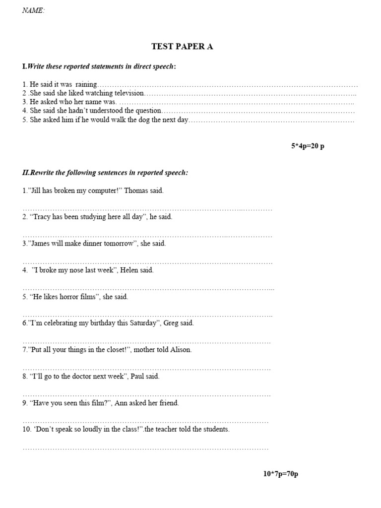 Test Reported Speech | PDF