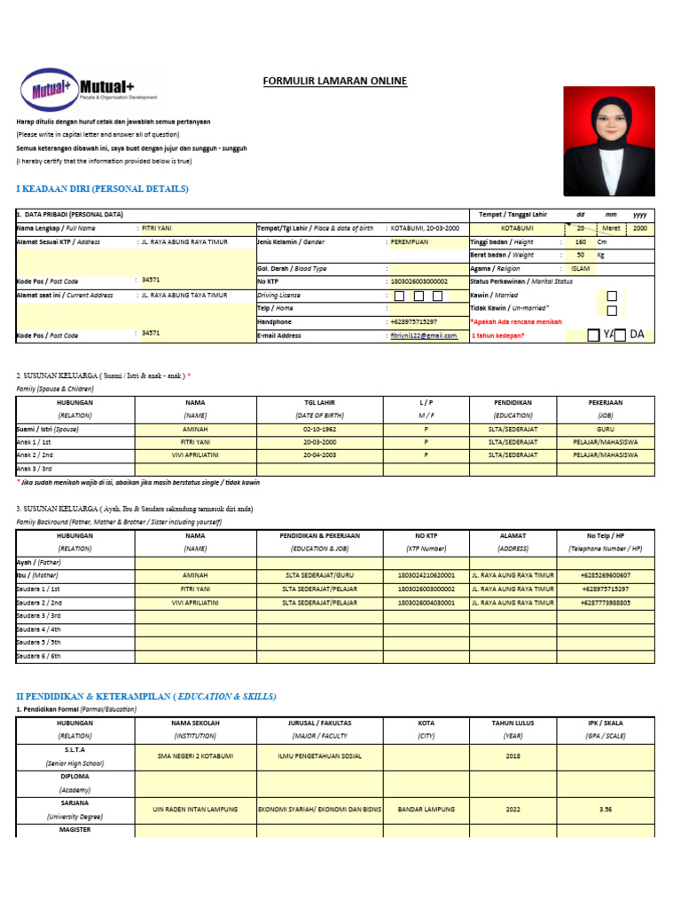 Form Fitri Yani Teller Lampung | PDF