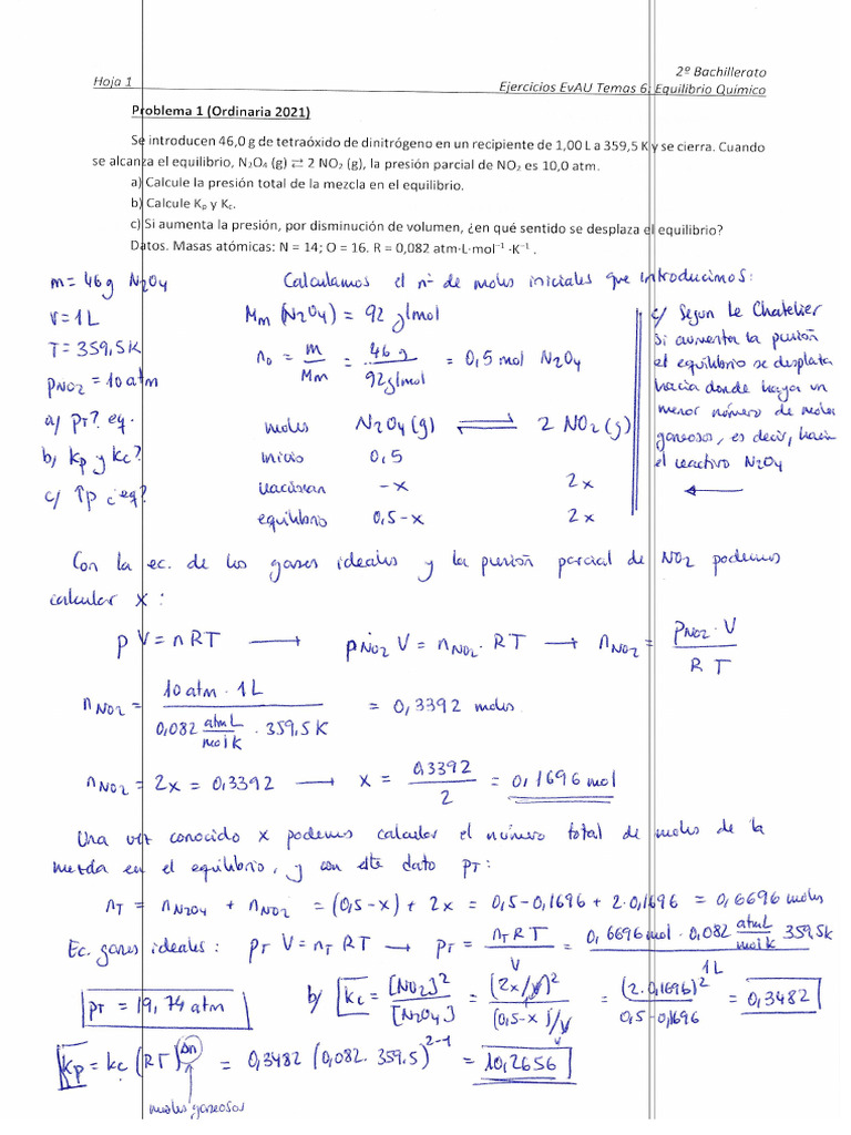 Solución Ejercicios Tema 6 Equilibrio Químico Evau Pdf