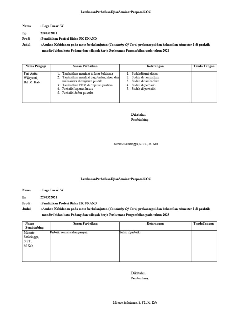 Lembar Perbaikan Sempro Coc | PDF
