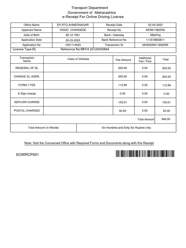 E-Receipt For Online Driving License | PDF