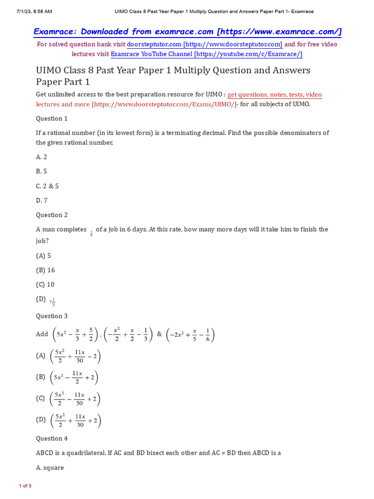 Class 8 UIMO Practice Questions | PDF
