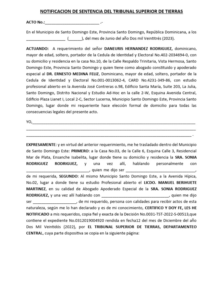 Notificacion de Sentencia Del Tribunal Superior de Tierras | PDF ... Notificacion de Sentencia Del Tribunal Superior de Tierras | PDF ...