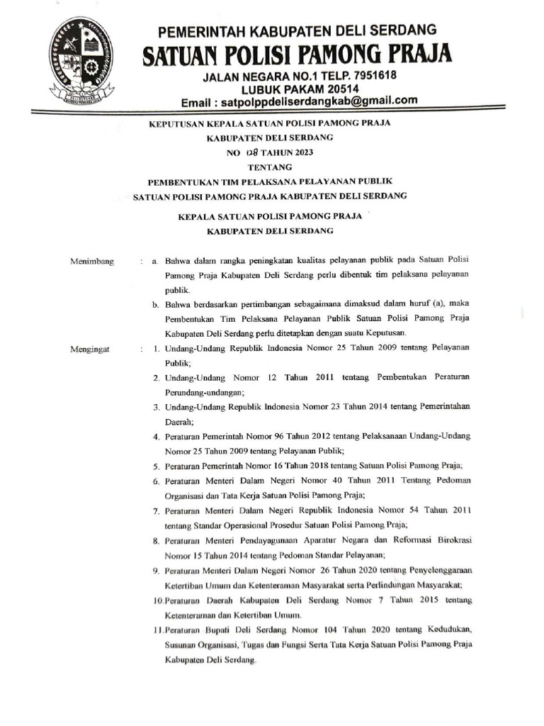 SK Tim Pelaksana Pelayanan Publik-Satpol PP | PDF