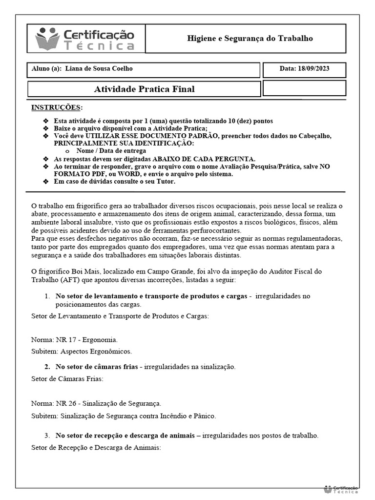 Atividade Prática Final - Higiene e Segurança Do Trabalho | PDF ...