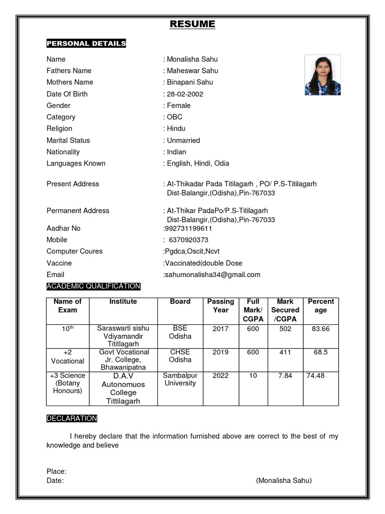 Monalisha Sahu Resume Details | PDF