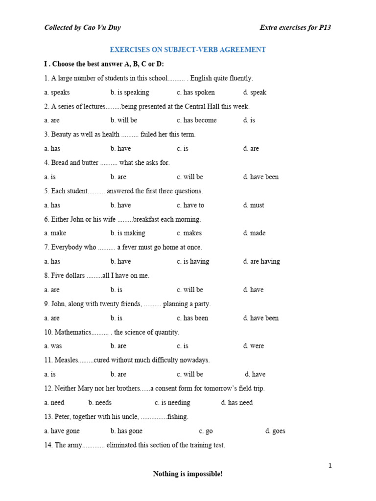 Subject-Verb Agreement Exercises | PDF | Language Arts & Discipline ...