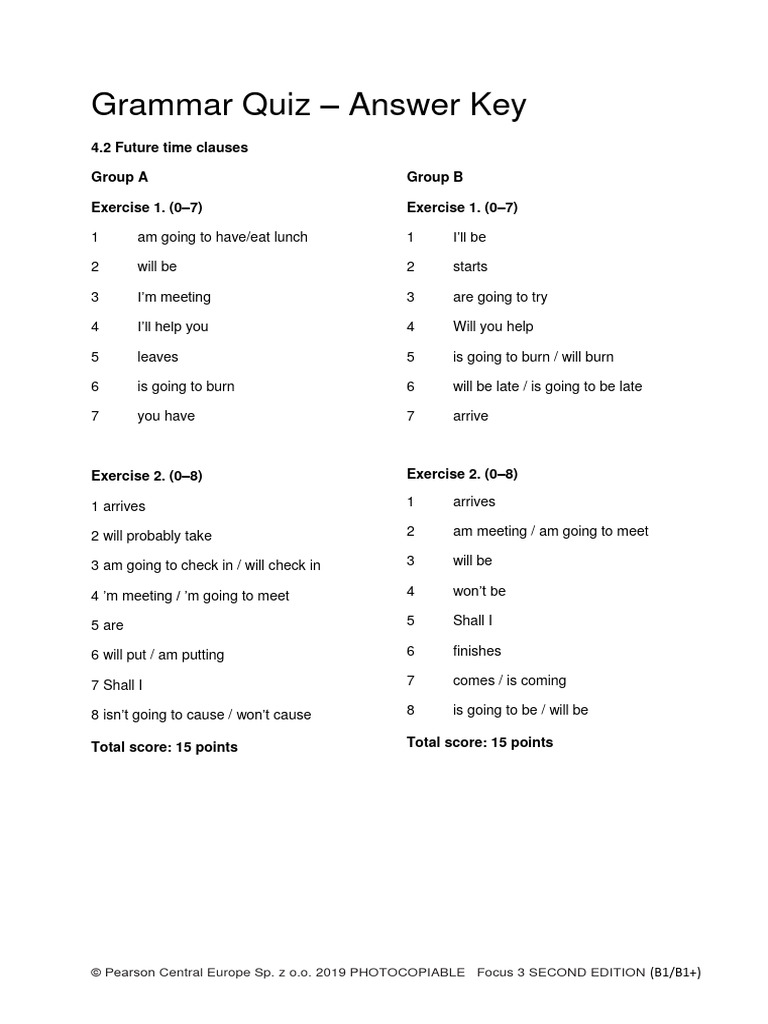 Focus3 2E Grammar Quiz Unit4.2 GroupA&B ANSWERS | PDF