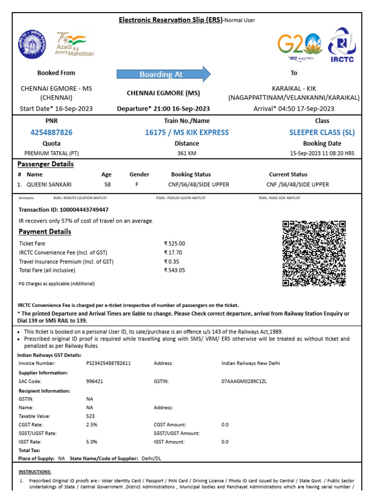 Ms Kik Express Sleeper Class (SL) : Electronic Reserva On Slip (ERS) | PDF | Value Added Tax ...