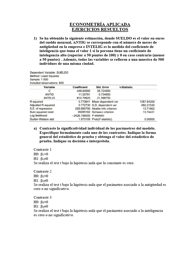 Ejercicios Resueltos de Econometría | PDF