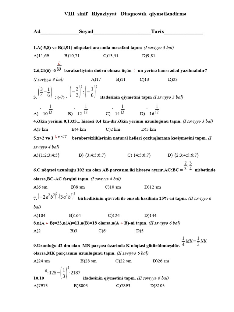 8 Sinif Riyaziyyat Diaqonostik | PDF