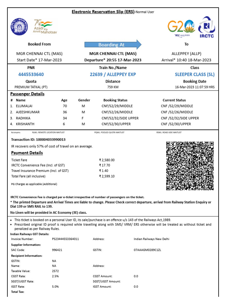 Alleppey Exp Sleeper Class (SL) : Electronic Reserva On Slip (ERS ...