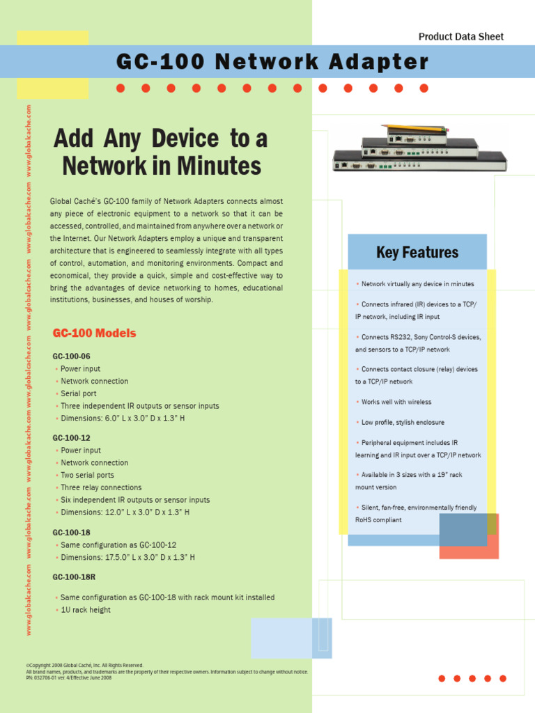 Global Cache gc-100 Datasheet-1 | PDF | Computer Network | Transmission Control Protocol