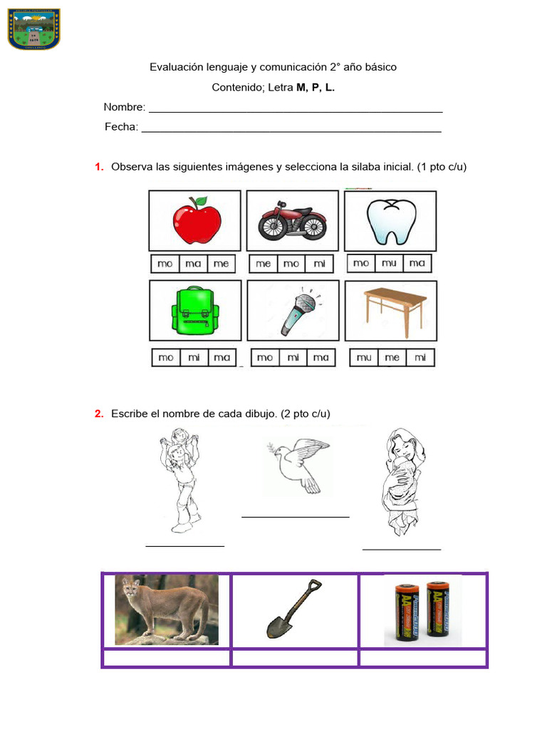 Evaluacion Letra M, P, L | PDF