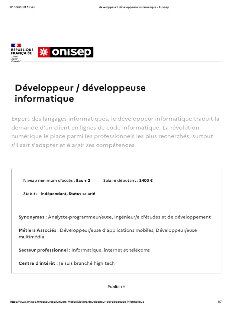Développeur - Développeuse Informatique - Onisep | PDF