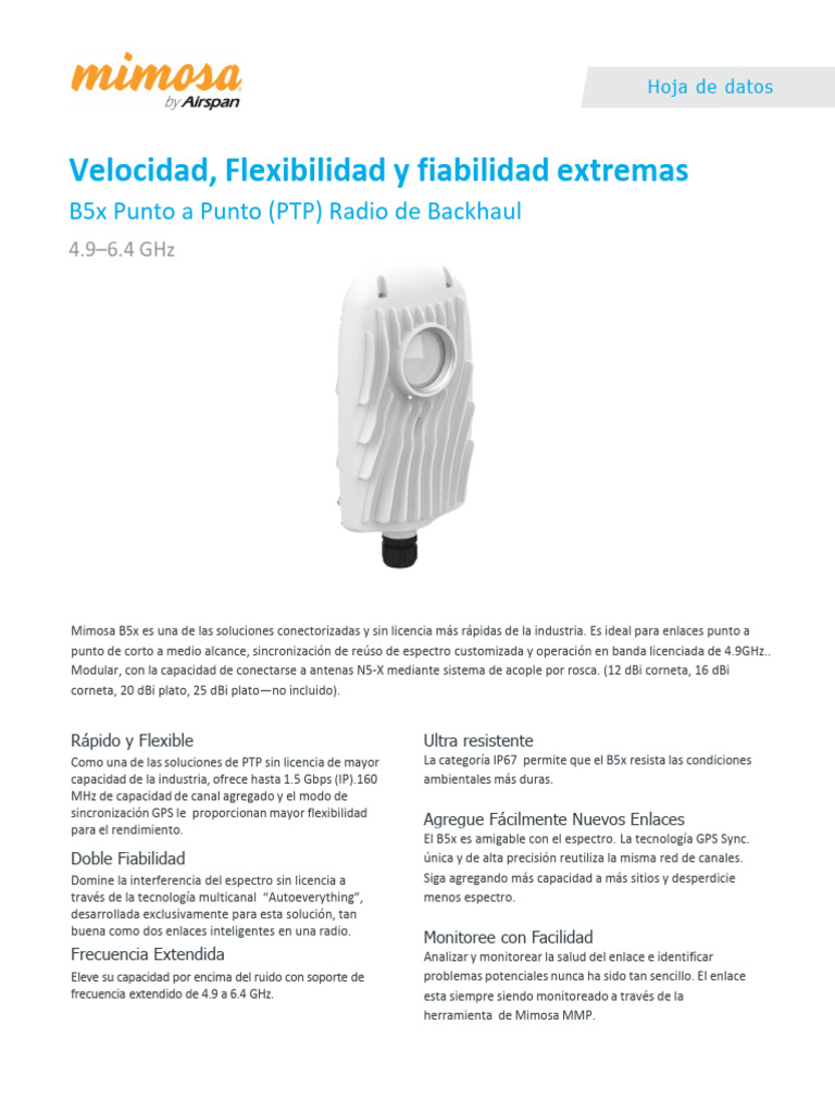 Review Mimosa-by-Airspan-B5x-Datasheet - DS-0022-03-SPANISH - Read-Only | PDF